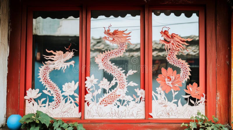 Red Window with Three Dragons and Flowers Stock Illustration ...