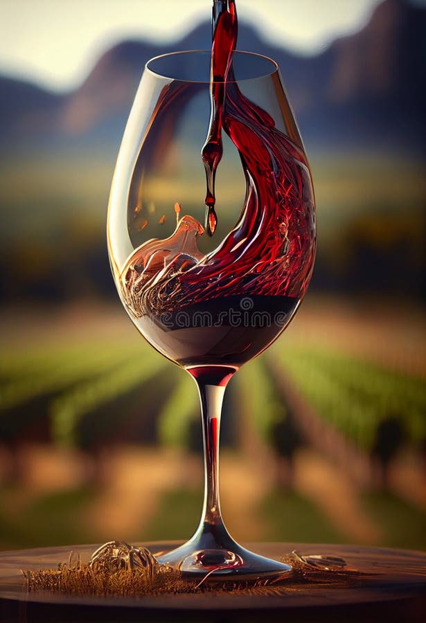Red Wine Being Poured in the Glass Over Blurred Winegrape Field, AI ...