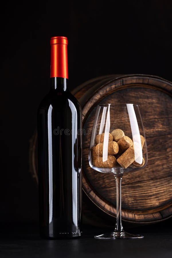 Red Wine Bottle, Barrel and Glass with Corks Stock Image - Image of ...