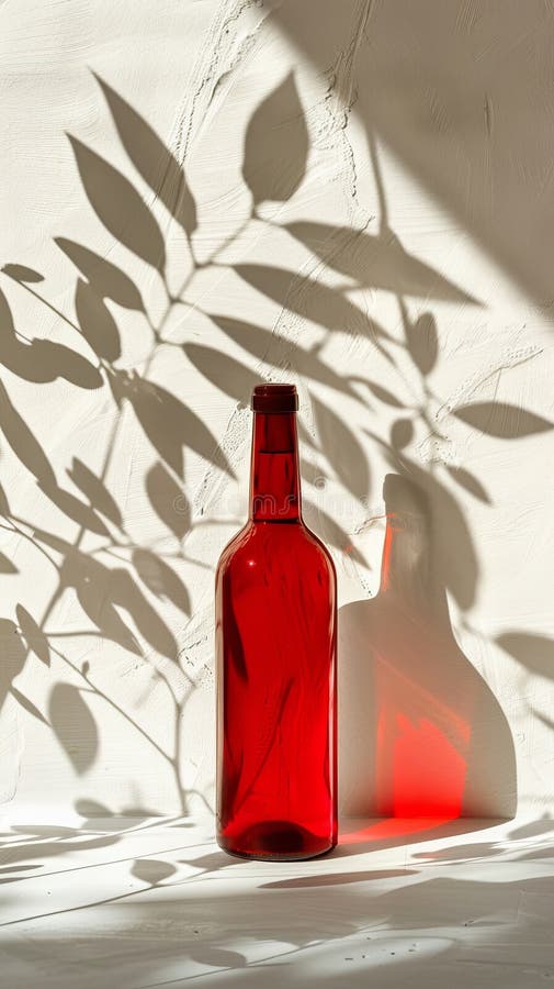Red Wine Bottle Casting Shadow with Leaves on Light Background ...