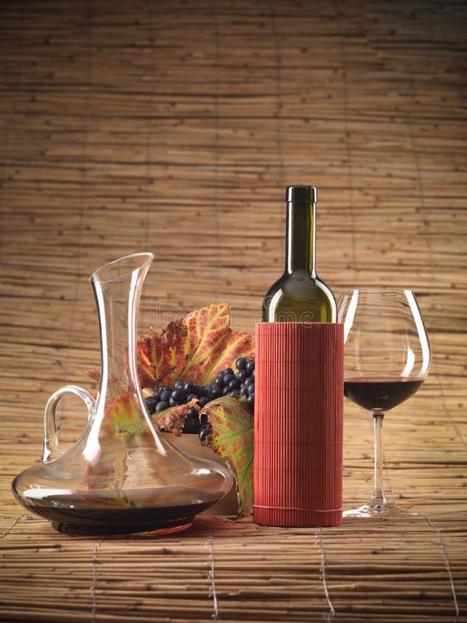 Red Wine Bottle, Glass, Grapes, Decanter Rustic Stock Image - Image of ...
