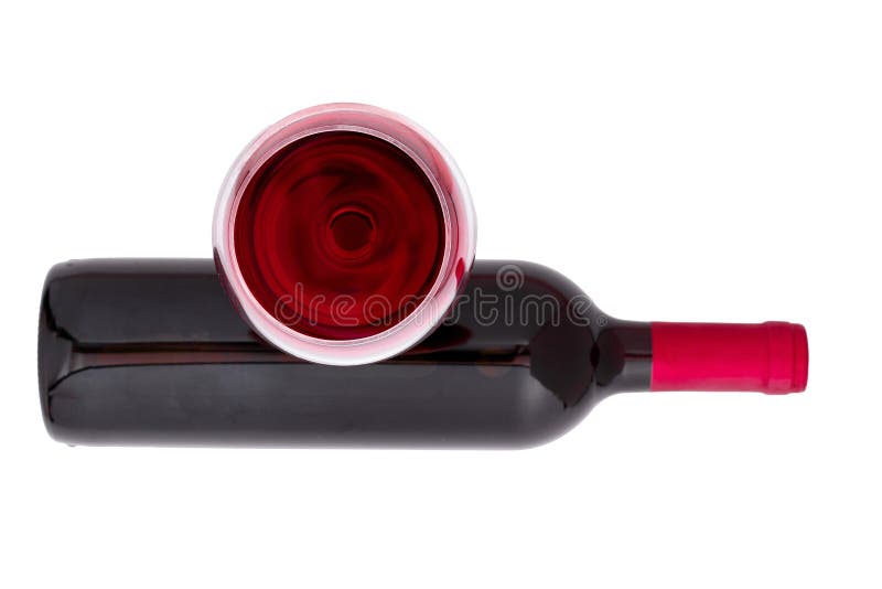Red Wine Bottle and Glass on White Background. Unusually Top View ...