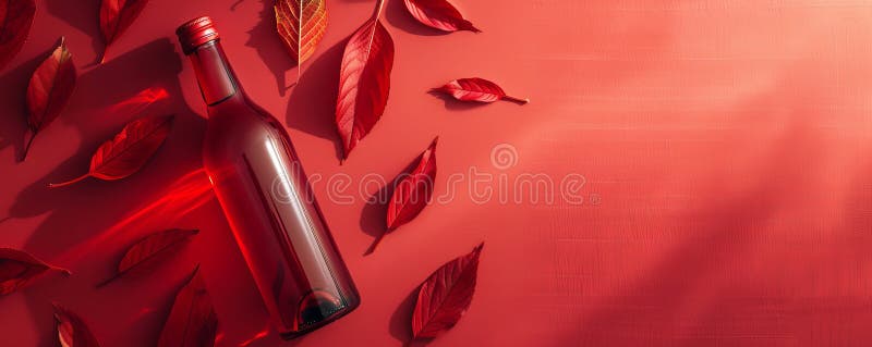 Red Wine Bottle with Scattered Autumn Leaves on Red Background, Top ...