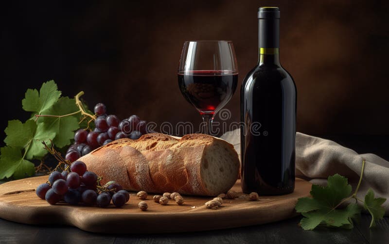 Red Wine Bottle, Sesame Bread, Bunch of Grapes and Grape Leaves on ...