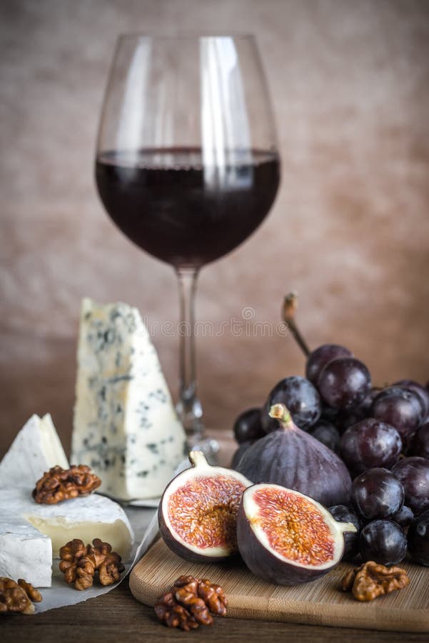 Red Wine with Cheese, Figs and Grapes Stock Image - Image of cheese ...