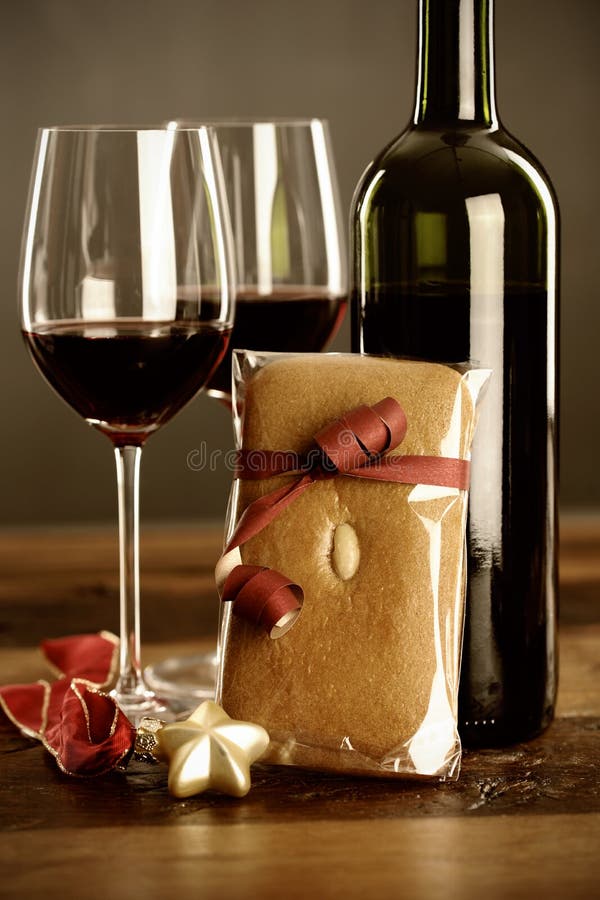 Red Wine, Christmas Bauble and Gingerbread Stock Image - Image of glass ...