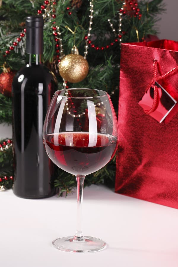 Red Wine, Christmas Tree and Gift Stock Image - Image of decoration ...