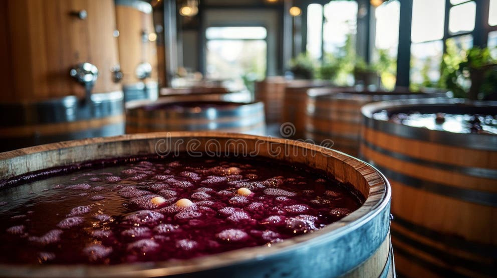 Red Wine Fermentation in Oak Barrels at Winery Stock Illustration - Illustration of alcohol ...