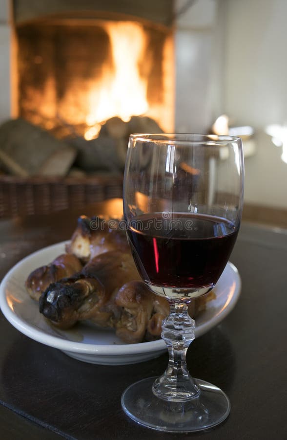 Red Wine Goblet and Roast Piglet Round the Fireside Stock Image - Image ...