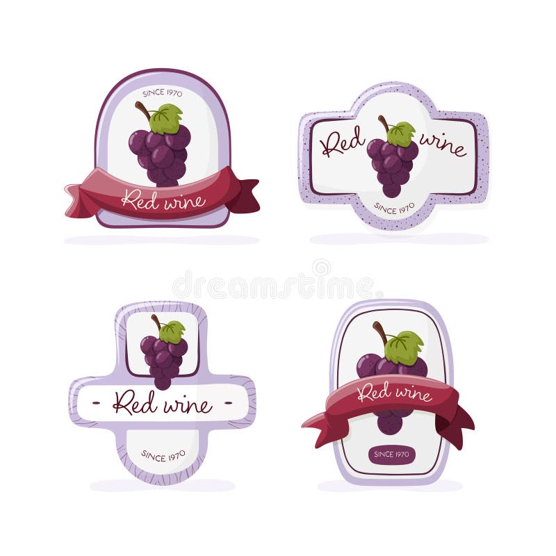 Red Wine Label Set with Bunch of Purple Grapes Stock Vector ...