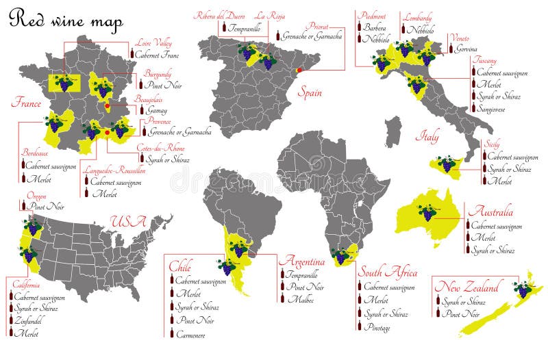 White Wine Map. Wine Production Map Showing Grape Varieties Stock ...