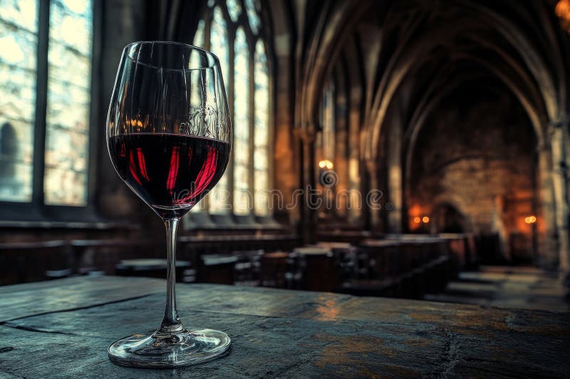 Red Wine is Resting in a Glass on a Table in a Historic Cathedral with ...