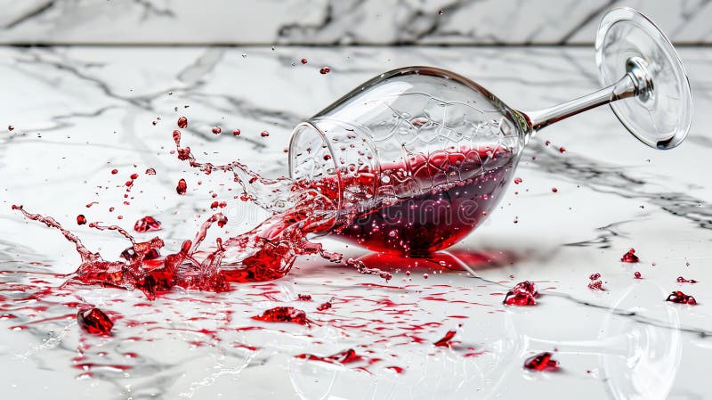 Red Wine Spilled from Overturned Glass on White Table with Reflection ...