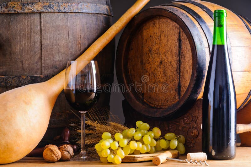 Red Wine and Wooden Barrels Stock Image - Image of wineglass, goblet ...