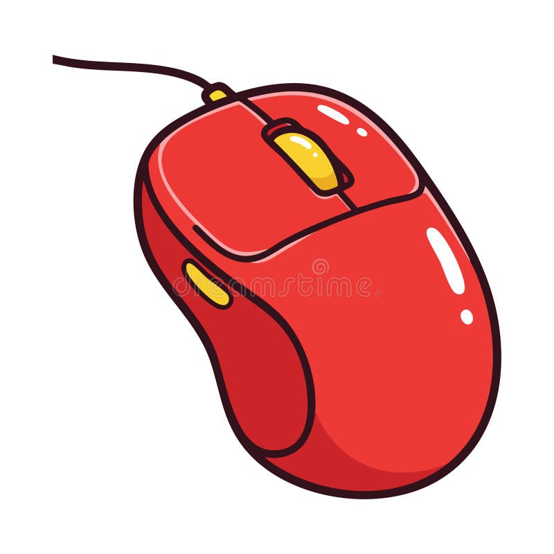 Red Wired Computer Mouse with Yellow Scroll Wheel Vector Illustration ...