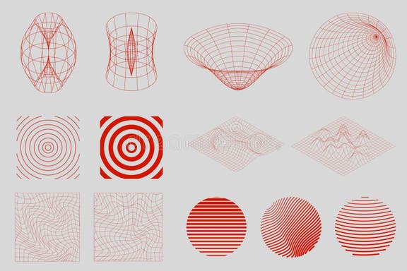 Red Wireframe Structures, Waveforms, and Geometric Grids Arranged in ...