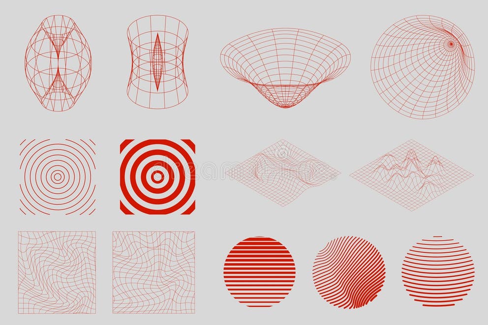 Red Wireframe Structures, Waveforms, and Geometric Grids Arranged in ...