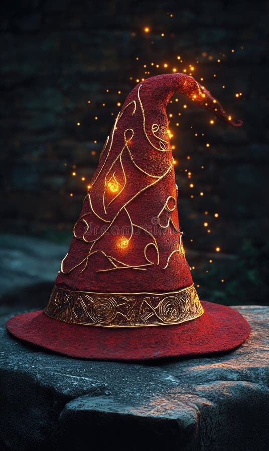 A Red Wizard Hat, with Golden Patterns, Placed on a Stone Surface Stock ...