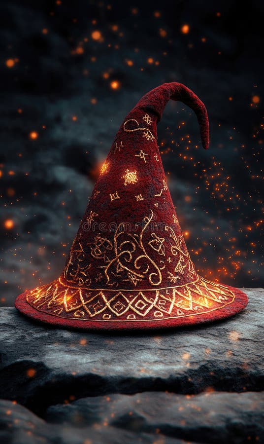 A Red Wizard Hat, with Golden Patterns, Placed on a Stone Surface Stock ...