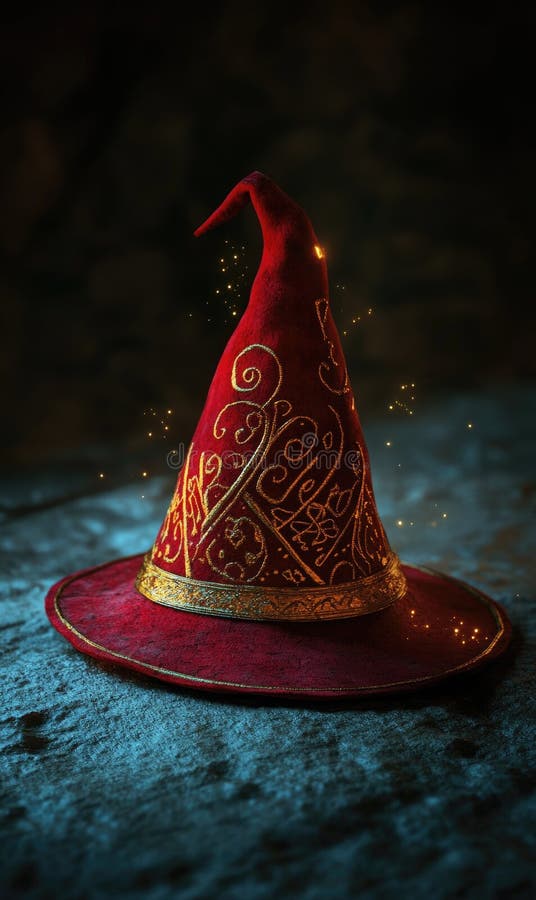 A Red Wizard Hat, with Golden Patterns, Placed on a Stone Surface Stock ...