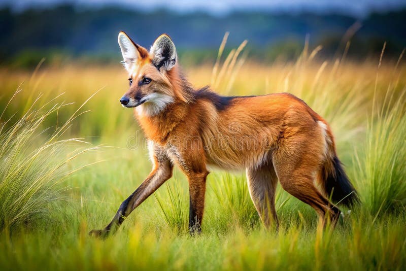 Red Wolf in Grassy Field, Dawn Stock Illustration - Illustration of ...