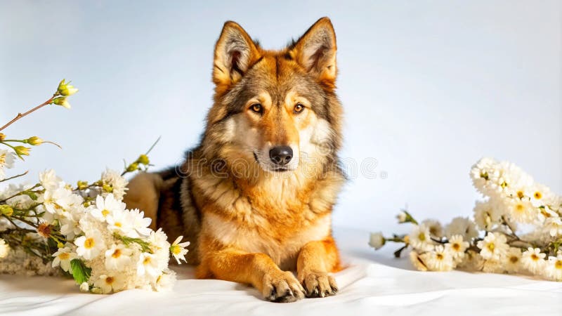 A Red Wolf Lays on a White Backdrop with White Flowers on Either Side ...