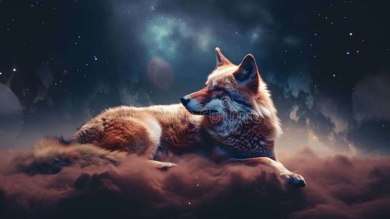 Red Wolf in the Night Sky with Stars and Clouds. 3d Rendering Stock ...