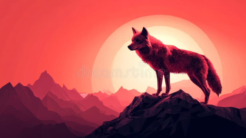 Red Wolf Silhouette at Sunset Over Pixel Mountains Stock Illustration ...