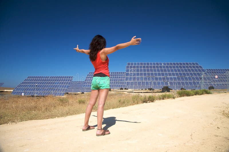 Red Woman Greeting Solar Panels Stock Image - Image of green, leisure ...