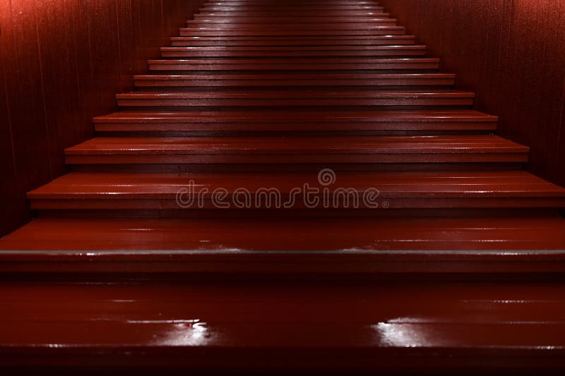 Red Wood Staircase in the Night, Exterior Design Stock Image - Image of ...