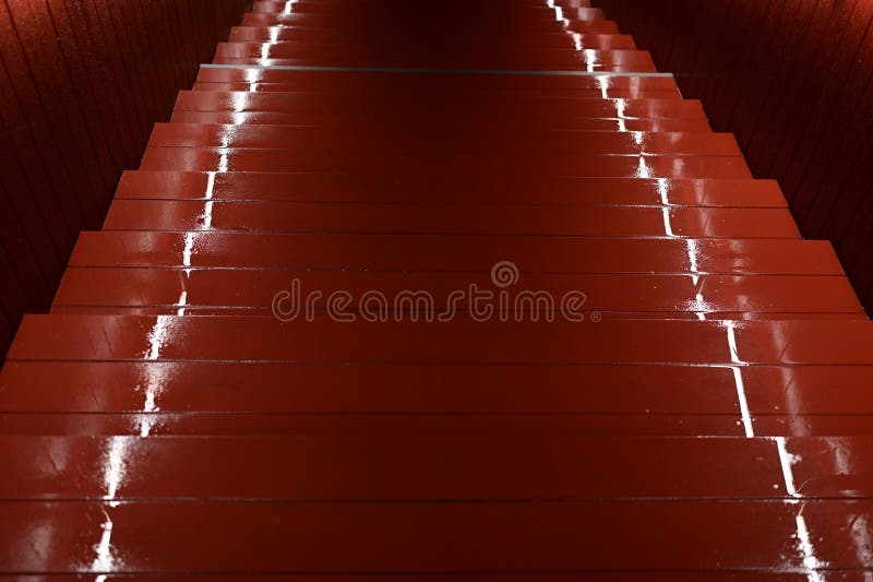 Red Wood Staircase in the Night, Exterior Design Stock Image - Image of ...