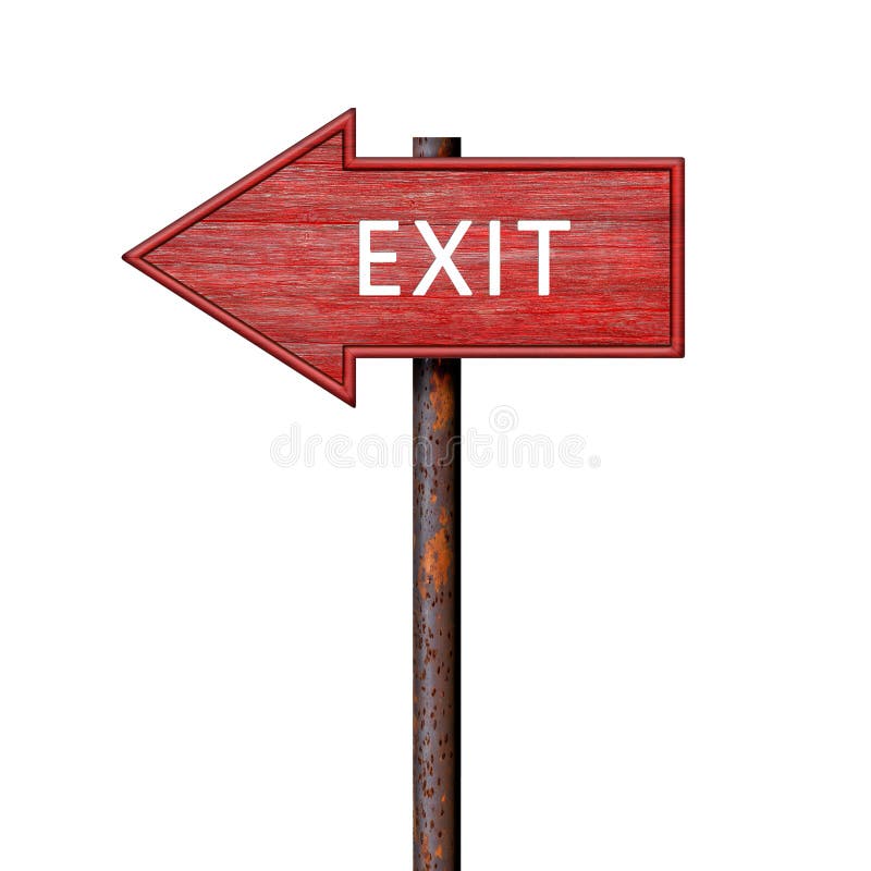 Red Wooden Arrow Sign with Exit Sign on Rusty Pole. Left Direction ...