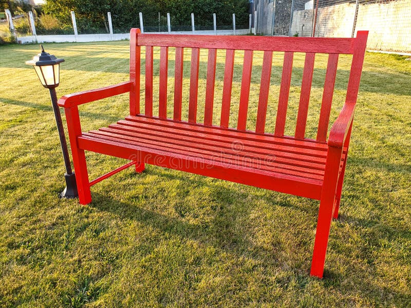 Red Wooden Bench in the Park Stock Photo - Image of leisure, lawn ...