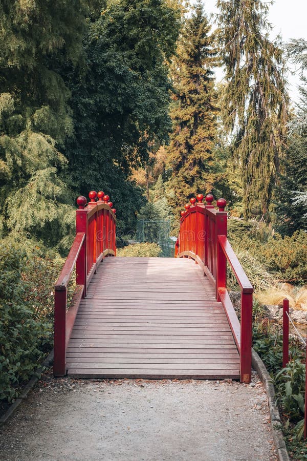 Red Wooden Bridge in a Park. Beautiful Nature Stock Image - Image of ...