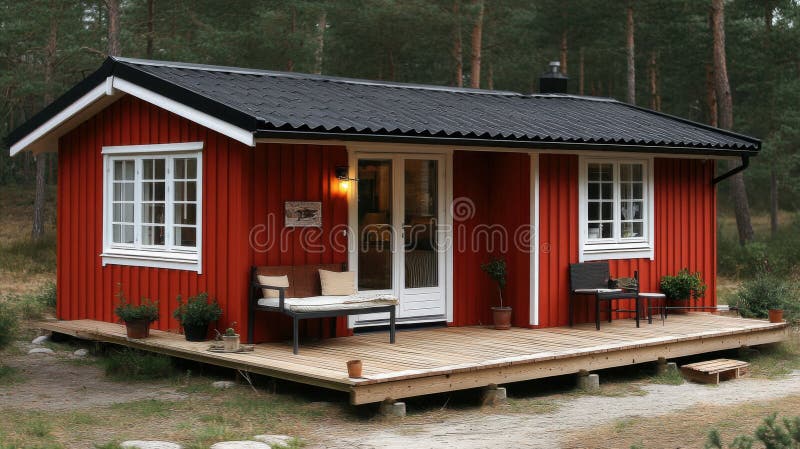 Red Cabin in the Woods stock image. Image of holiday - 363959563