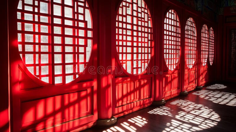 Red Wooden Doors with Circular Lattice Windows Stock Illustration ...