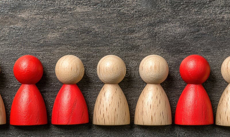 Red Wooden Figures in a Row on Dark Wood, Concept of Difference ...