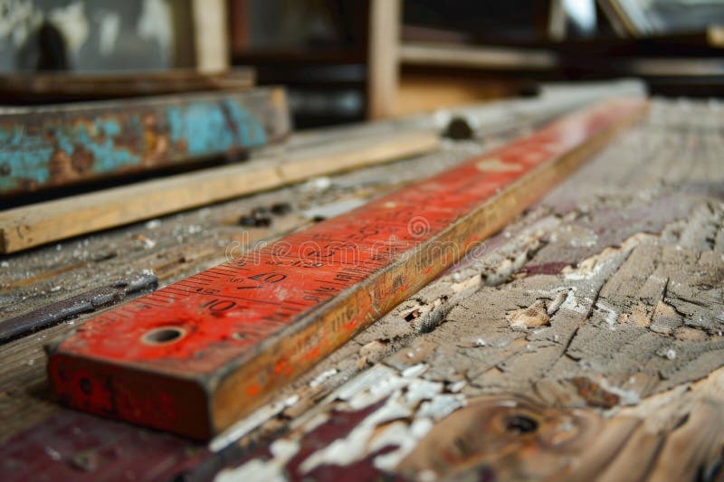 Red Wooden Ruler Lying on Weathered Wood Surface in Workshop Stock ...
