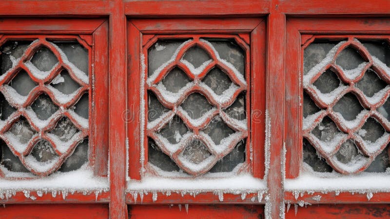Red Wooden Window Frames Covered in Winter Snow Stock Illustration ...