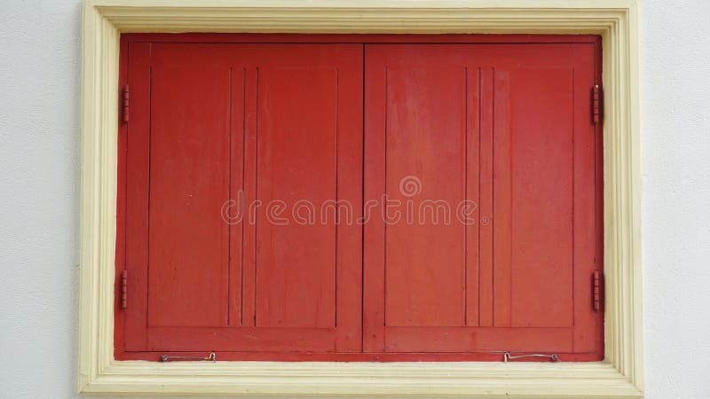A Red Wooden Window on a White Wall Stock Image - Image of object ...