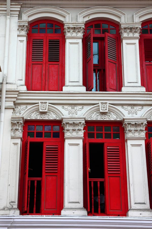 Three Windows with Red Open Shutters Stock Image - Image of exterior ...