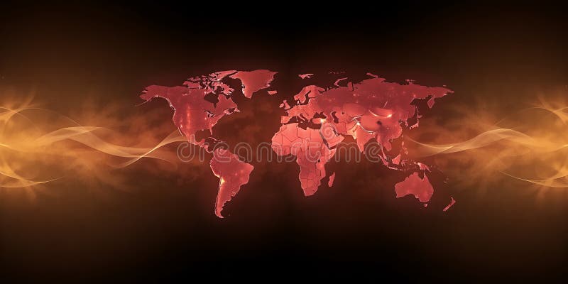 Red World Map with Glowing Orange Energy Waves Against a Dark Gradient ...