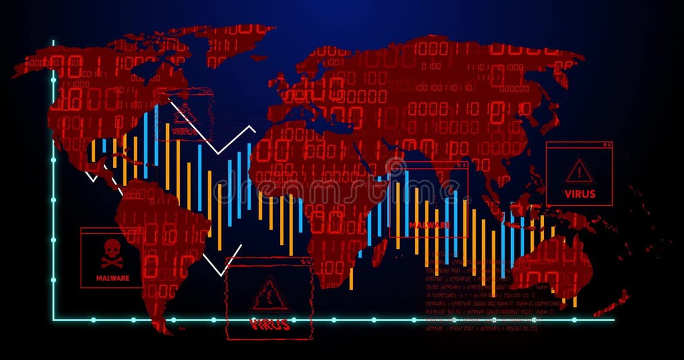 Red World Map Streaming Binary Code in Dashboard, with Bar Charts, Cyan ...