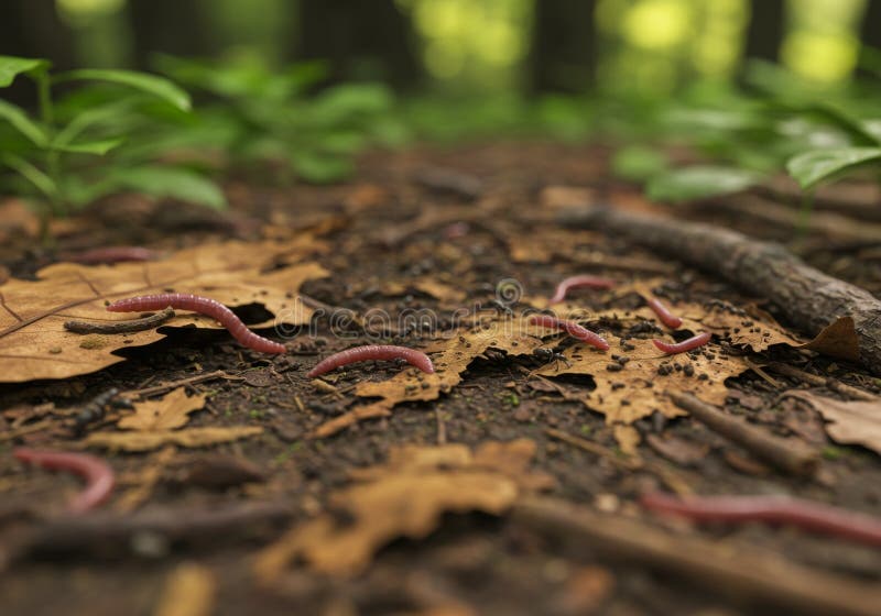 Red Worms Crawling on Forest Floor among Brown Leaves Stock ...