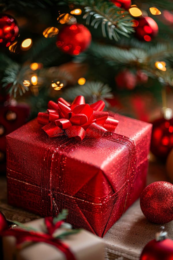 Red Wrapped Gift is in Front of Christmas Tree. Generative AI Stock ...