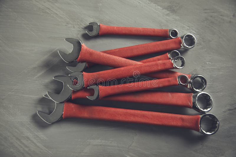 Red Wrenches of Different Sizes Stock Photo - Image of workshop ...