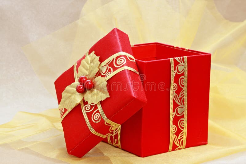 Engagement Ring in Box and Luxury Present in Red Ribbon Stock Photo ...