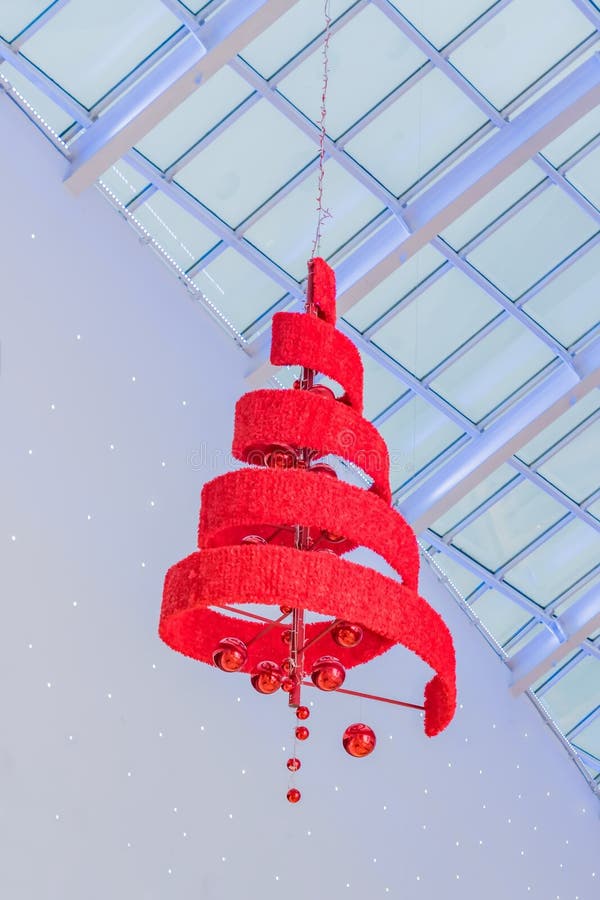 Red Xmas Tree and Garland Hanging on Ceiling Closeup Stock Image - Image of object, celebrate ...