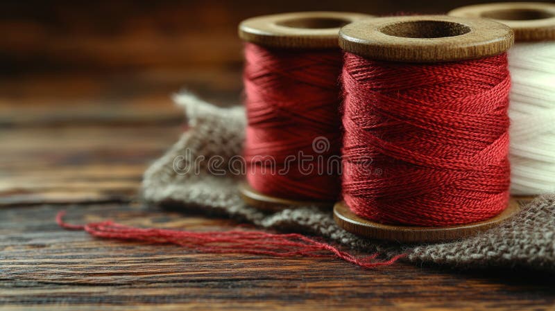 Red Yarn Spools on Wooden Table, Cozy Craft Concept Stock Image - Image ...