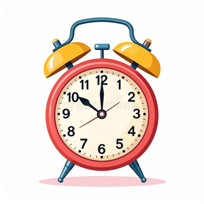 Red and Yellow Alarm Clock Shows Ten O Clock on White Background Stock Illustration ...